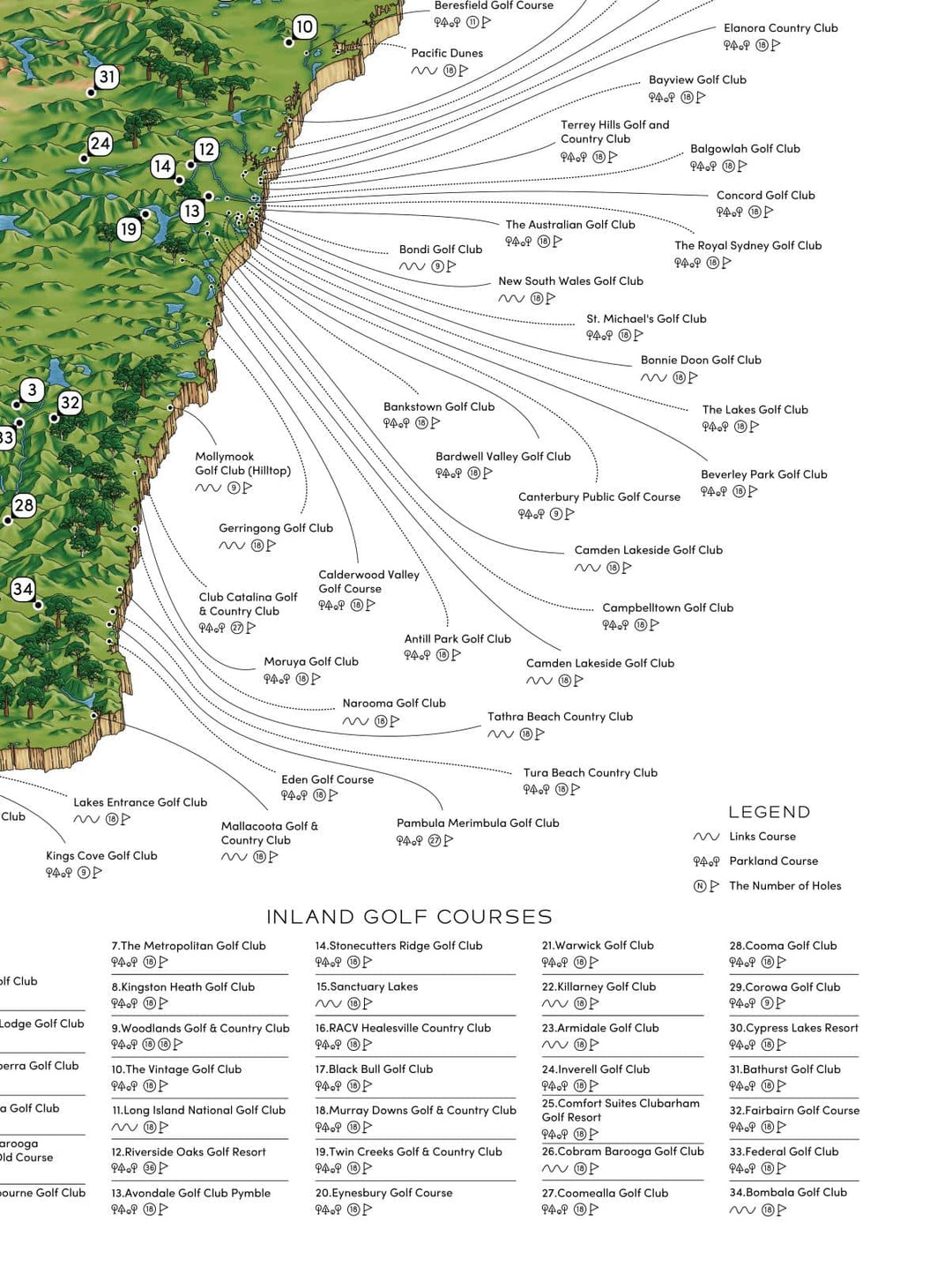 The Eastern Australian Golf Map - 107 Top Courses on a Hand-Drawn Map ...