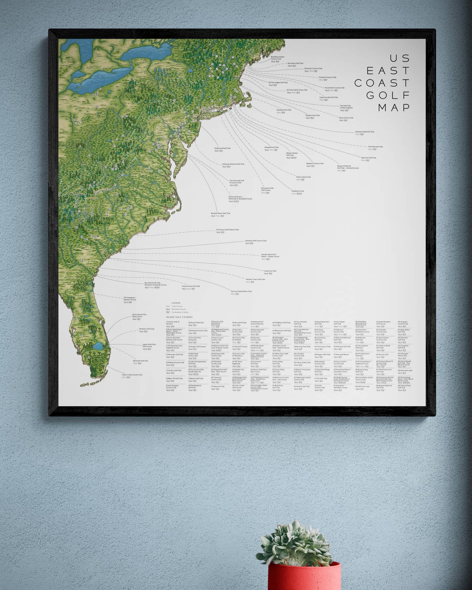 The US East Coast Golf Map - 108 Top Courses on a Hand-Drawn Map ...