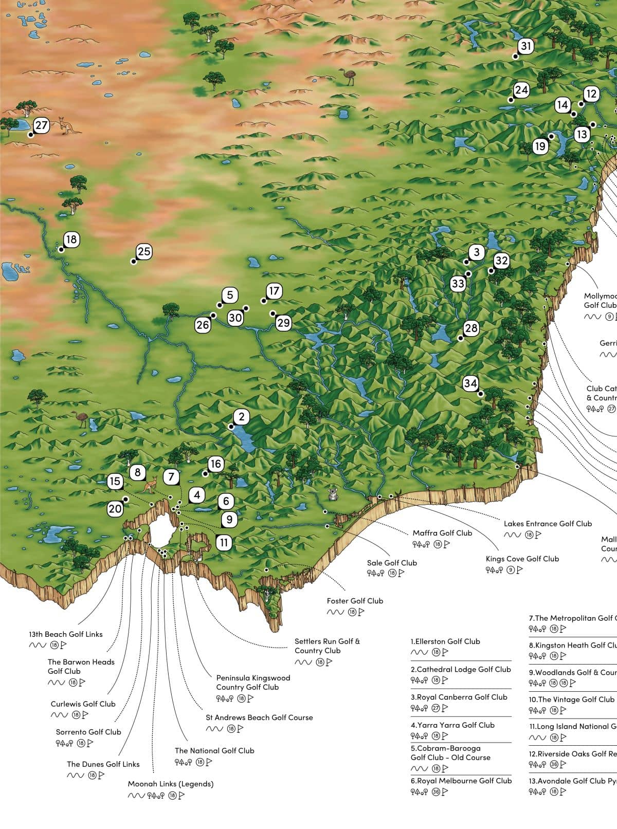 The Eastern Australian Golf Map - 107 Top Courses on a Hand-Drawn Map ...